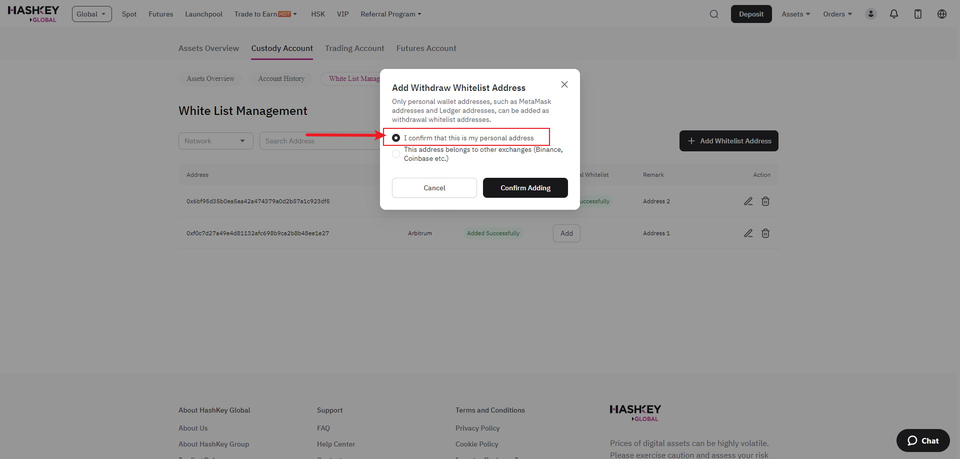 How to whitelist deposit address and withdrawal address at one go (Personal Wallet) – HashKey MENA